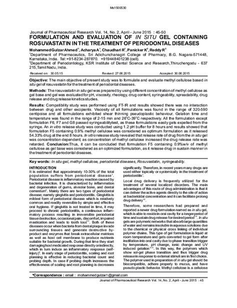 Pdf Formulation And Evaluation Of In Situ Gel Containing Rosuvastatin