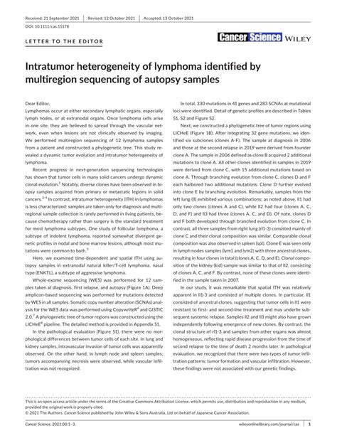 Pdf Intratumor Heterogeneity Of Lymphoma Identified By Multiregion