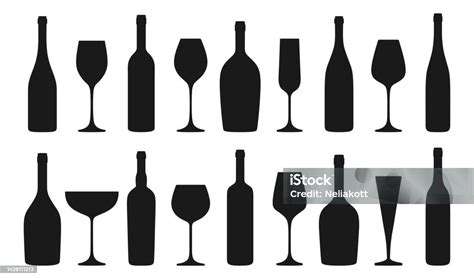 와인 글라스 병 실루엣 세트 와인 샴페인 주류 알코올 음료 다양한 모양 알코올 바 무알코올에 대한 스톡 벡터 아트 및 기타