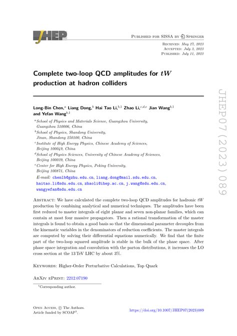 Pdf Complete Two Loop Qcd Amplitudes For Tw Production At Hadron