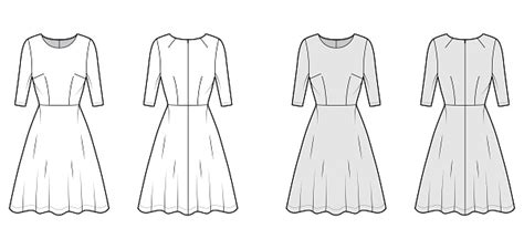 팔꿈치 소매 몸에 맞는 무릎 길이 세미 원형 스커트드레스 플레어 스케이터 기술 패션 일러스트 0명에 대한 스톡 벡터 아트 및 기타 이미지 Istock