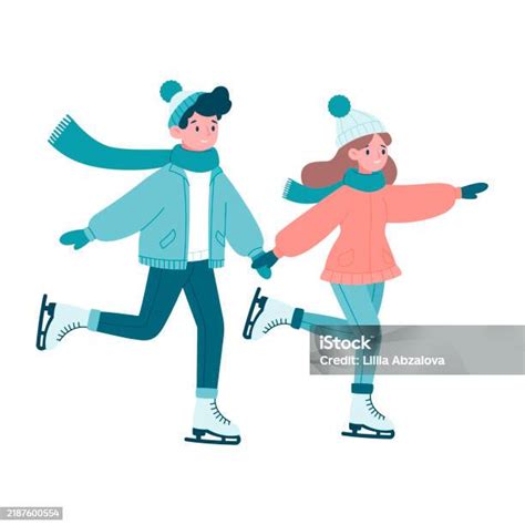 소년과 소녀 겨울 옷 아이스 스케이팅 절연 통하고 있는 하얀 배경 귀여운 플랫 스타일 건강한 생활방식에 대한 스톡 벡터 아트 및 기타 이미지 Istock