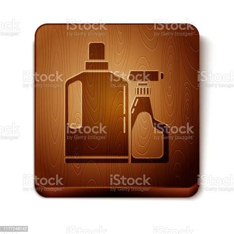 액체 세탁 세제 표백제 식기 세척액 또는 흰색 배경에 격리 된 다른 세정제 아이콘용 갈색 플라스틱 병 나무 사각형 버튼입니다 벡터 일러스트레이션 가사 집안일에 대한 스톡