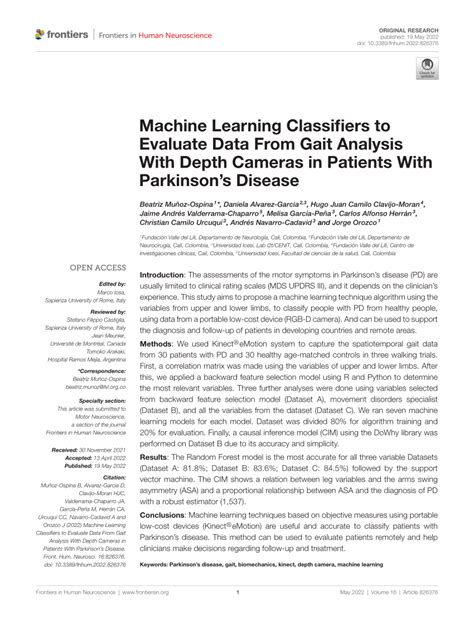 Pdf Machine Learning Classifiers To Evaluate Data From Gait Analysis With Depth Cameras In