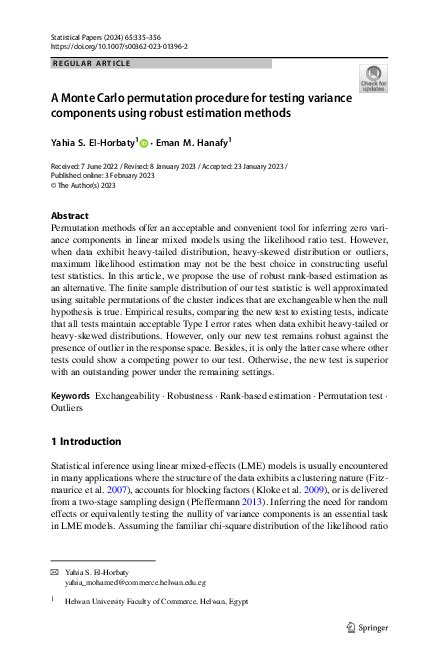 Pdf A Monte Carlo Permutation Procedure For Testing Variance Components Using Robust