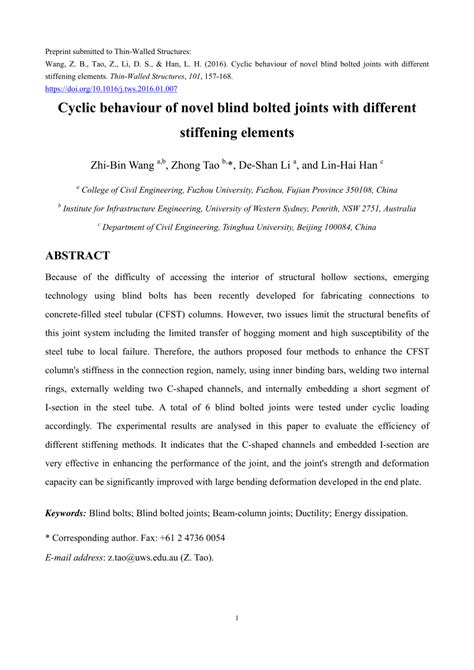 Pdf Cyclic Behaviour Of Novel Blind Bolted Joints With Different