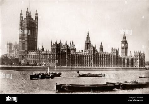 C1880 England View Of London The House Of Parliament At Westminster From The River Thames
