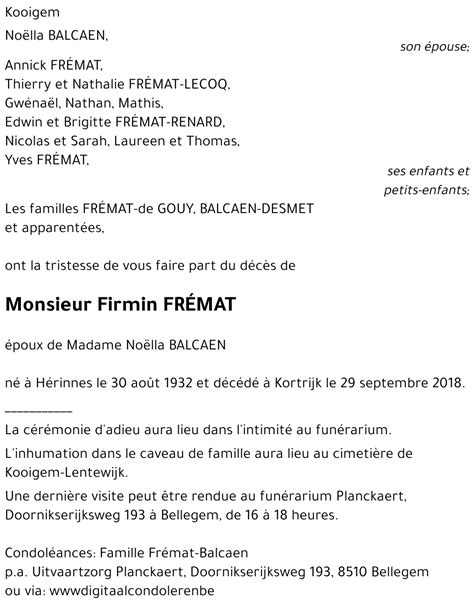 Avis De Décès De Firmin Frémat Décédé Le 29092018 à Kortrijk Annonce Condoléances Fleurs