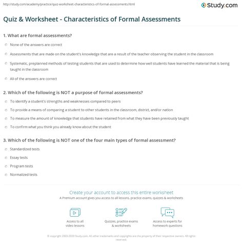 Quiz And Worksheet Characteristics Of Formal Assessments