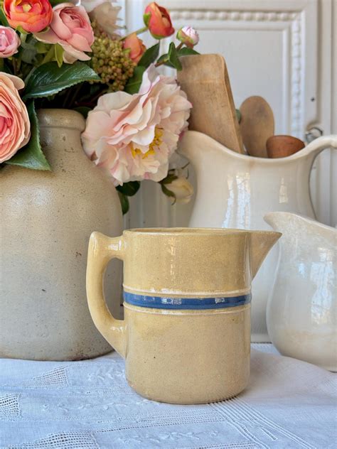Antique Yelloware Stoneware Pottery Jug Stoneware Pitcher Blue And White