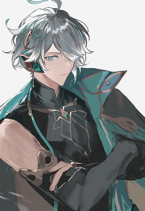 Safebooru 1boy Alhaitham Genshin Impact Aqua Hair Bangs Black Shirt