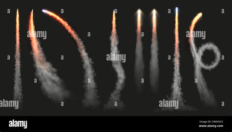Rocket launch smoke tracks. Dynamic jet fly trails, plane engine cloud trace and flying rocket ...