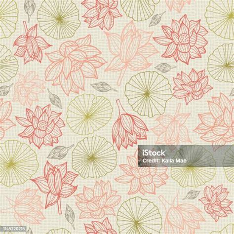 산호와 녹색 라인 아트 연꽃 꽃과 잎 원활한 벡터 패턴입니다 백합에 대한 스톡 벡터 아트 및 기타 이미지 백합 0명
