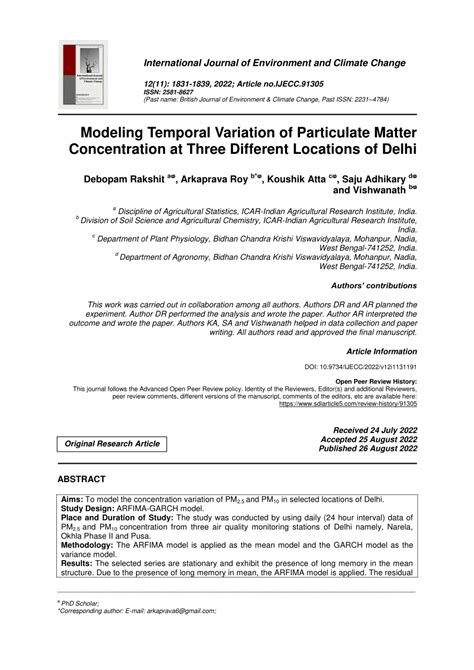 Pdf Modeling Temporal Variation Of Particulate Matter Concentration At Three Different