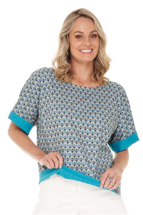 Ruth Cotton Reversible Top In Owl And Plain Teal Rasaleela