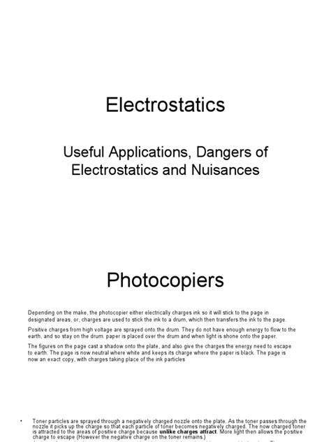 Electrostatics Useful Applications Dangers Of Electrostatics And Nuisances Pdf Electric