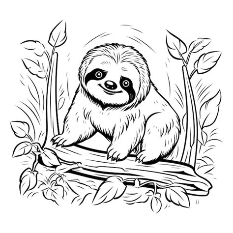 Premium Vector Black And White Vector Illustration Of Cute Sloth Sitting On Tree Branch