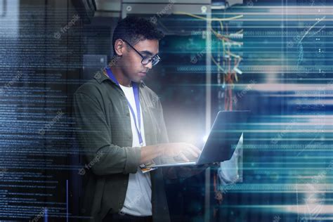 Premium Photo Server Room Laptop And Man With Date Overlay For Cyber