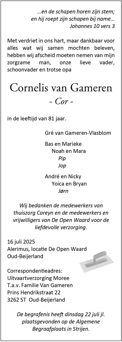 Cor Van Gameren Overlijdensberichtenhw Nl