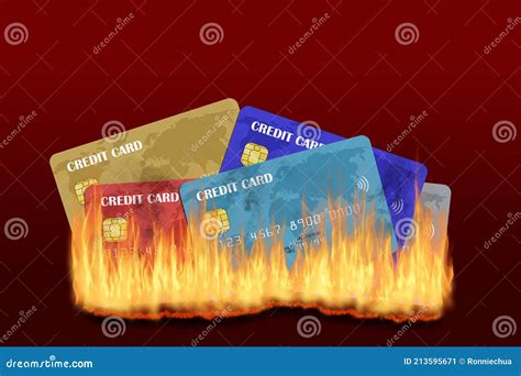 Burning Credit Cards With Fire And Smoke Isolated On Red Background