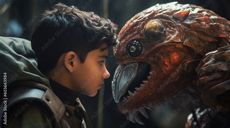 Poster Foto Generative Ai Young Teenage Boy Meeting Alien To Planet