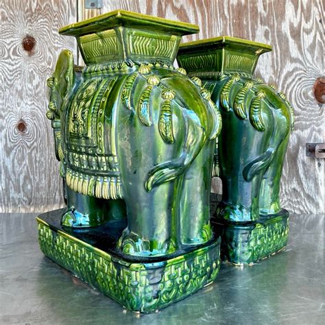 Vintage Boho Glazed Ceramic Elephant Low Stools A Pair Chairish