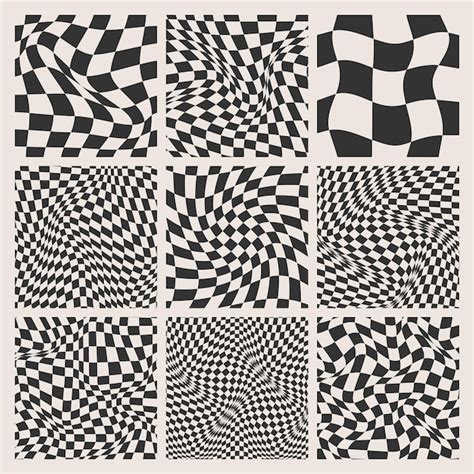 Premium Vector Trendy Checkered Pattern Black And White Distorted Tiled Grid Wavy Curved