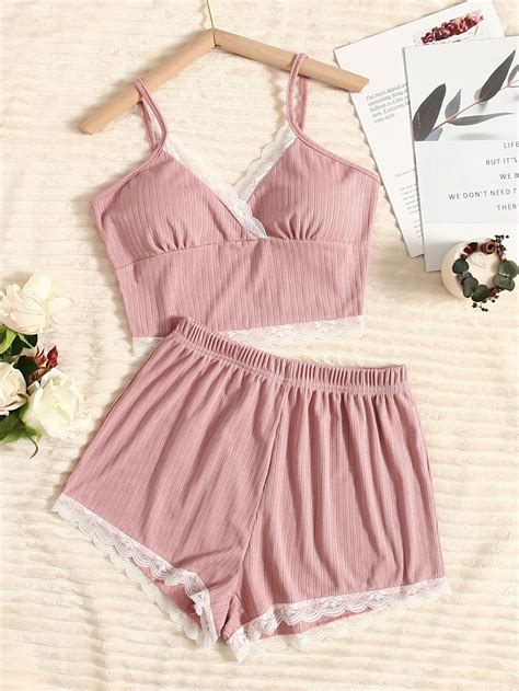 Conjunto De Pijama Renda De Contraste Guarnição De Vieira Roupas Conjuntos De Pijama Saias