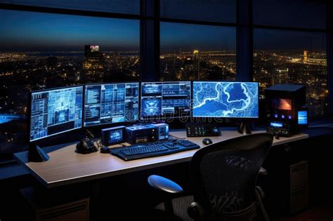 Multi Monitor Cybersecurity Analyst Workstation Monitoring System With Multiple Screens Stock