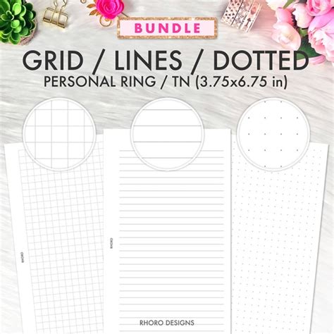 Personal Ring Size Printable Insert Grid Lines Dotted Grid Set Printable Personal Planner