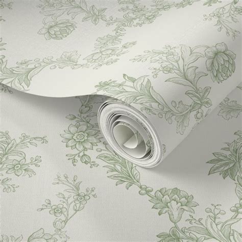 French Country Toile Floral Green Wallpaper Spoonflower Green
