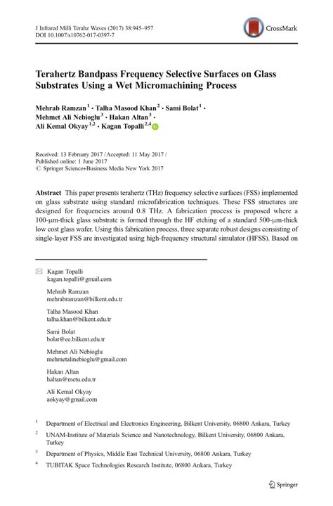 Pdf Terahertz Bandpass Frequency Selective Surfaces On Glass Substrates Using A Wet