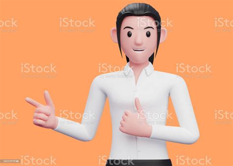 흰 셔츠를 입은 아름다운 소녀가 포인팅하고 엄지 손가락을 위로 향하게하고 흰 셔츠를 입은 비즈니스 여성의 3d 일러스트 레이 션을 포인팅합니다 3차원 형태에 대한 스톡 사진