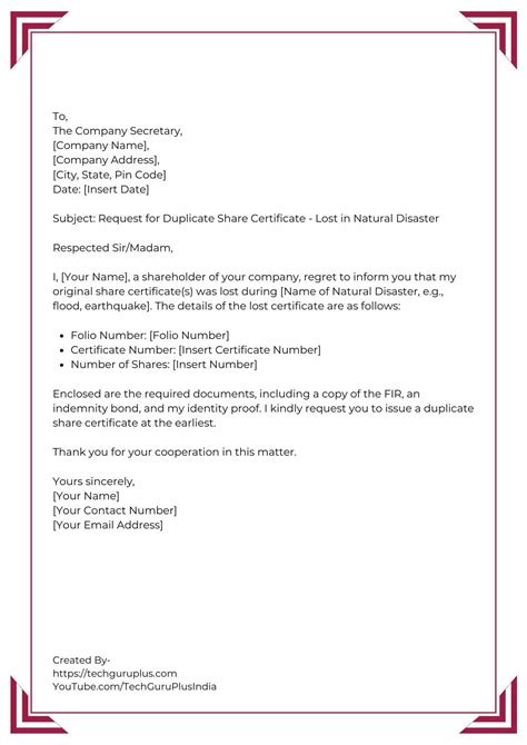 Application For Issuing A Duplicate Share Certificate [5 Format]