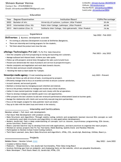 Resume Shivam Kumar 3 Download Free Pdf Java Script Web Development