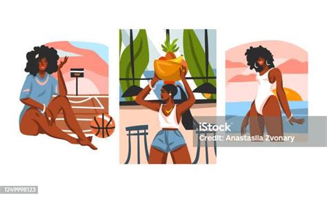 손으로 그린 벡터 추상 스톡 플랫 그래픽 일러스트 컬렉션 세트 젊은 행복 한 흑인 아프리카 계 미국인 아름다움 여성 에 매일