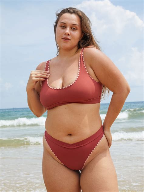 Contrast Stitch Longline Plus Size Bikini Top And Reviews Brick Red