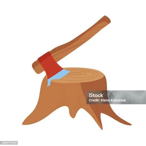 흰색 배경에 고립된 도끼가 있는 그루터기입니다 나무 손잡이가 그루터기에 꽂힌 금속 도끼 나무를 베는 도구 벌목꾼 도구 벡터 일러스트 레이 션에 대 한 하이킹 캠핑 로깅