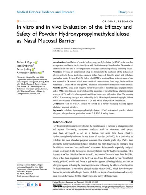 In Vitro And In Vivo Of Safety And Efficacy Og Hpmc Pdf Particulates Allergen