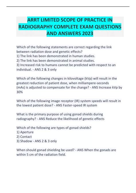ARRT LIMITED SCOPE OF PRACTICE IN RADIOGRAPHY COMPLETE EXAM QUESTIONS AND ANSWERS ACTUAL
