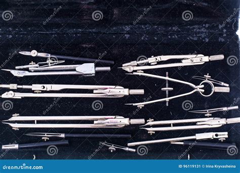 Set Of Drawing Metal Compasses In Black Box Stock Image Image Of