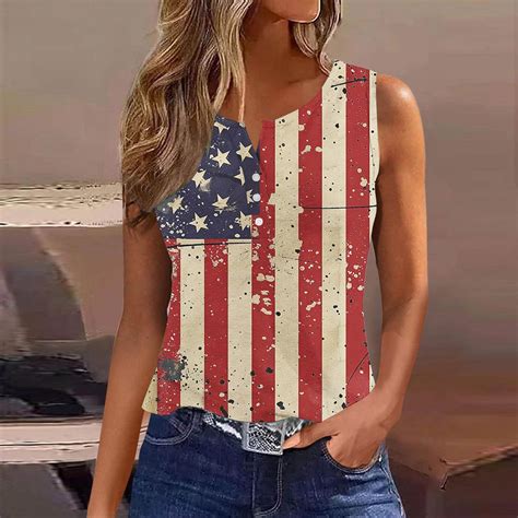 Vkoywkm Athletic Tank Tops For Women American Flag Sleeveless Henley