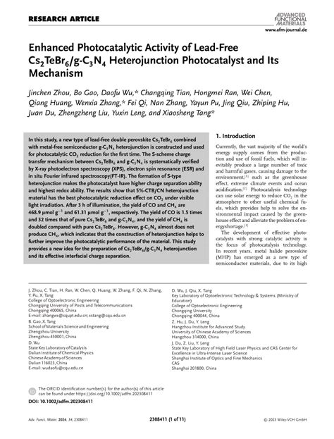 Enhanced Photocatalytic Activity Of Lead‐free Cs 2 Tebr 6 G‐c 3 N 4 Heterojunction