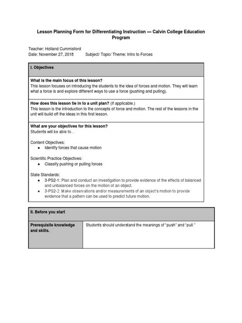 Intro To Forces Lesson Pdf Educational Assessment Force