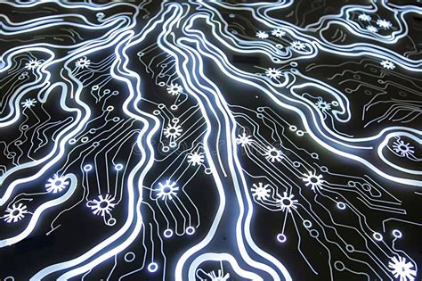 Abstract Circuit Board Design Illuminated Pathways Nodes And