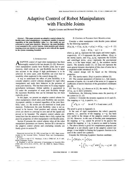 Pdf Adaptive Control Of Robot Manipulators With Flexible Joints Ieee