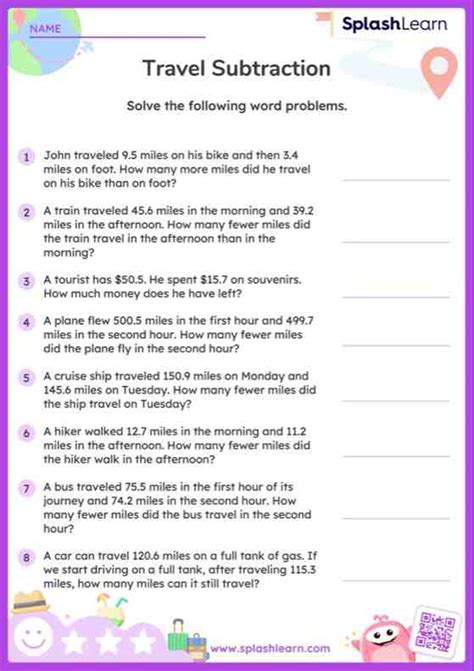 Subtract Decimal Numbers With 1 Decimal Place Travel Word Problems