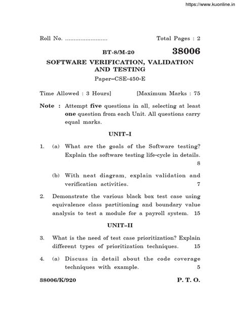 Btech Cse 8 Sem Software Verification Validation And Testing 38006 2020 Pdf Unit Testing