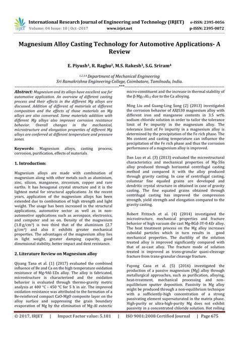 Magnesium Alloy Casting Technology For Automotive Applications A Review Pdf