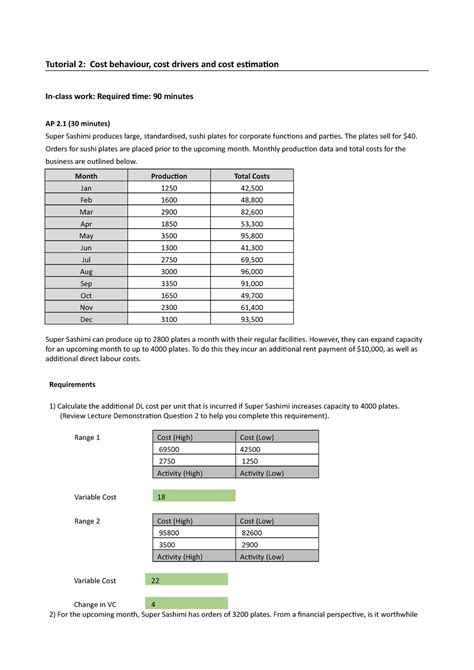 Cms Tutorial 2 In Class 3 Tutorial 2 Cost Behaviour Cost Drivers